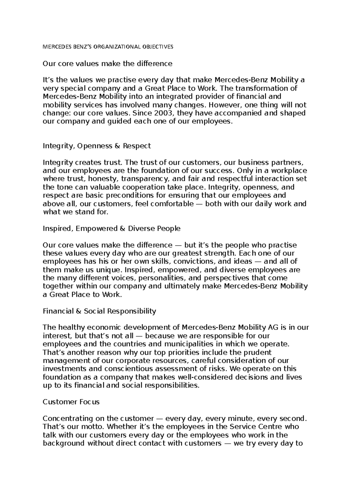 Mercedes BENZ - MERCEDES BENZ’S ORGANIZATIONAL OBJECTIVES Our core ...