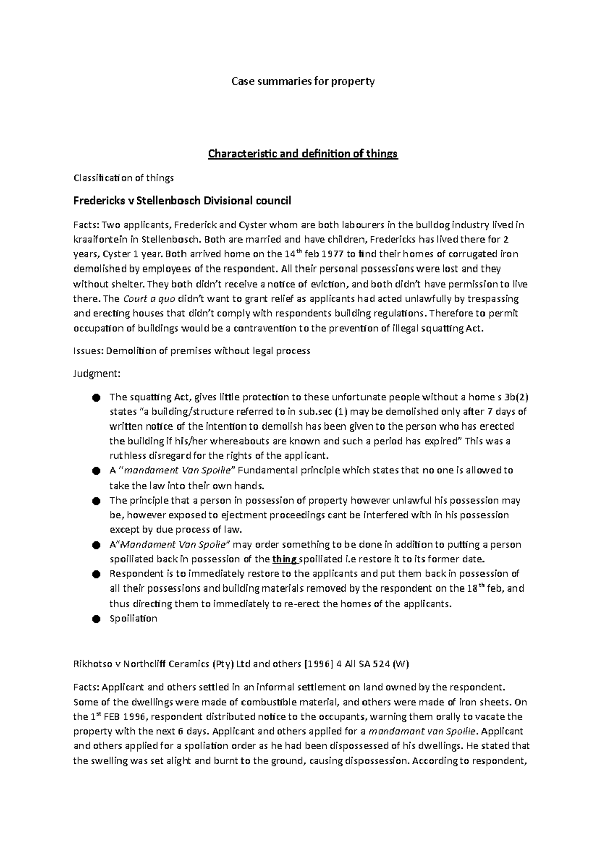 Case summaries for property - Case summaries for property ...