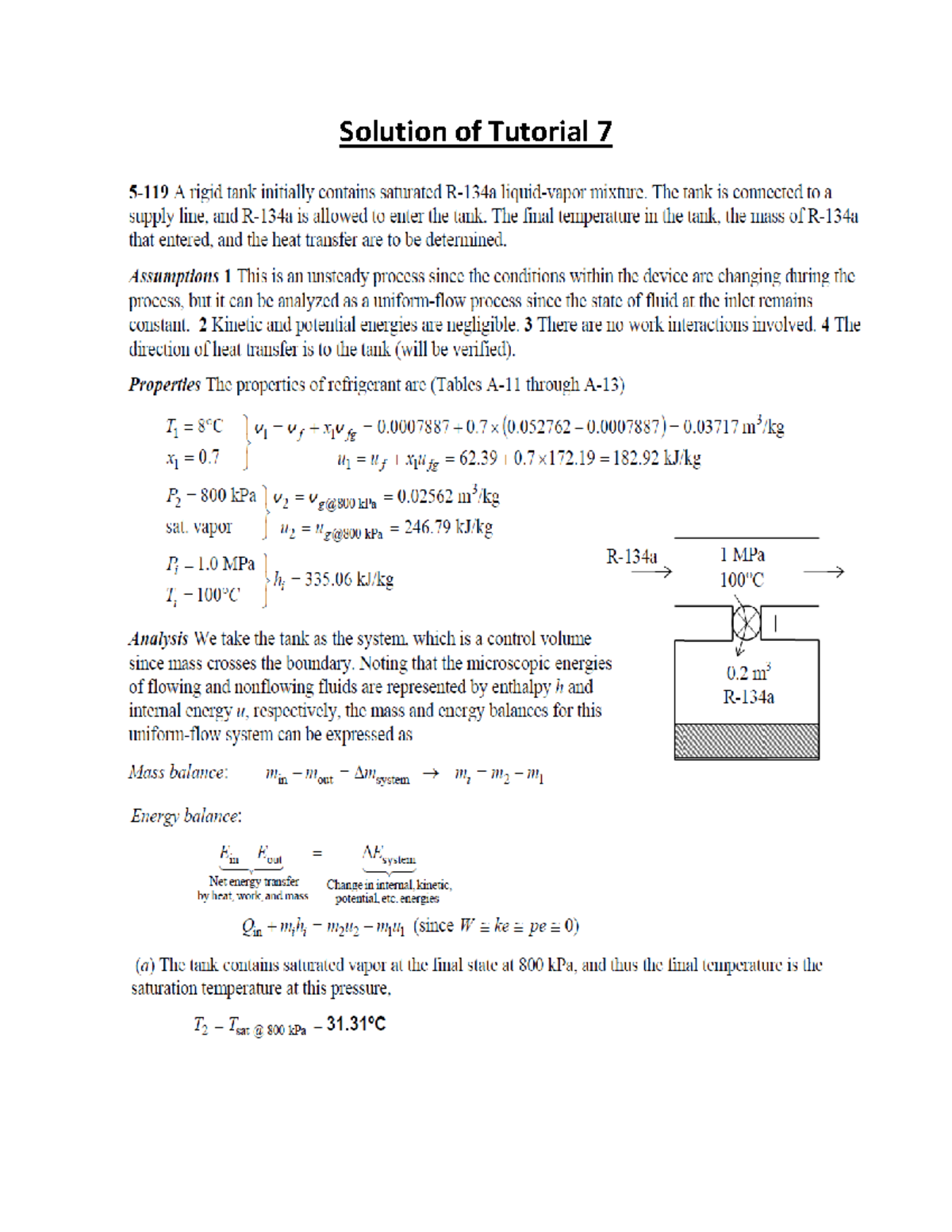 Tutorial 7 Engineering Thermodynamics - Solution of Tutorial - Studocu