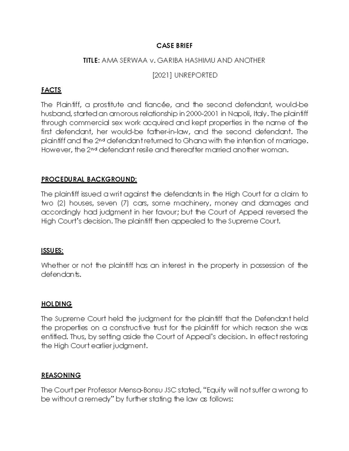 CASE Brief - Serwaa v. Hashimu - CASE BRIEF TITLE: AMA SERWAA v. GARIBA ...