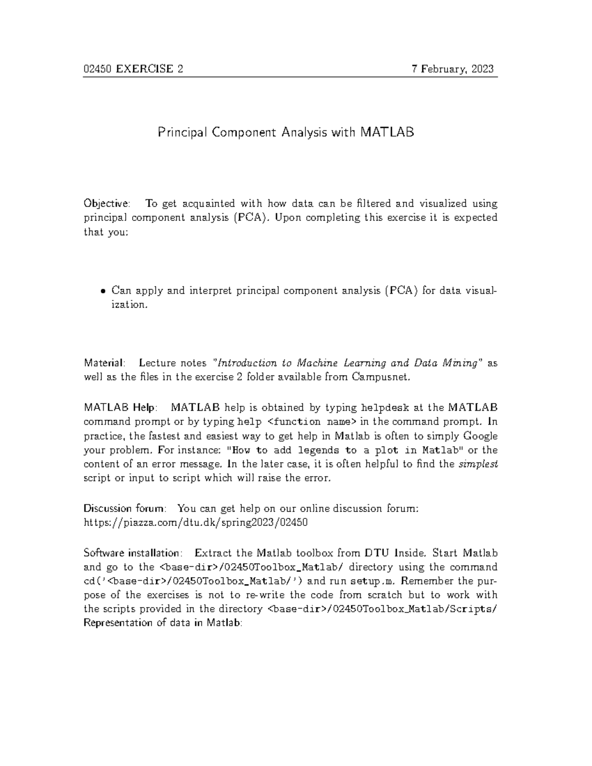 0 2450 ex2 Matlab - 02450 EXERCISE 2 7 February, 2023 Principal Component Analysis with MATLAB ...