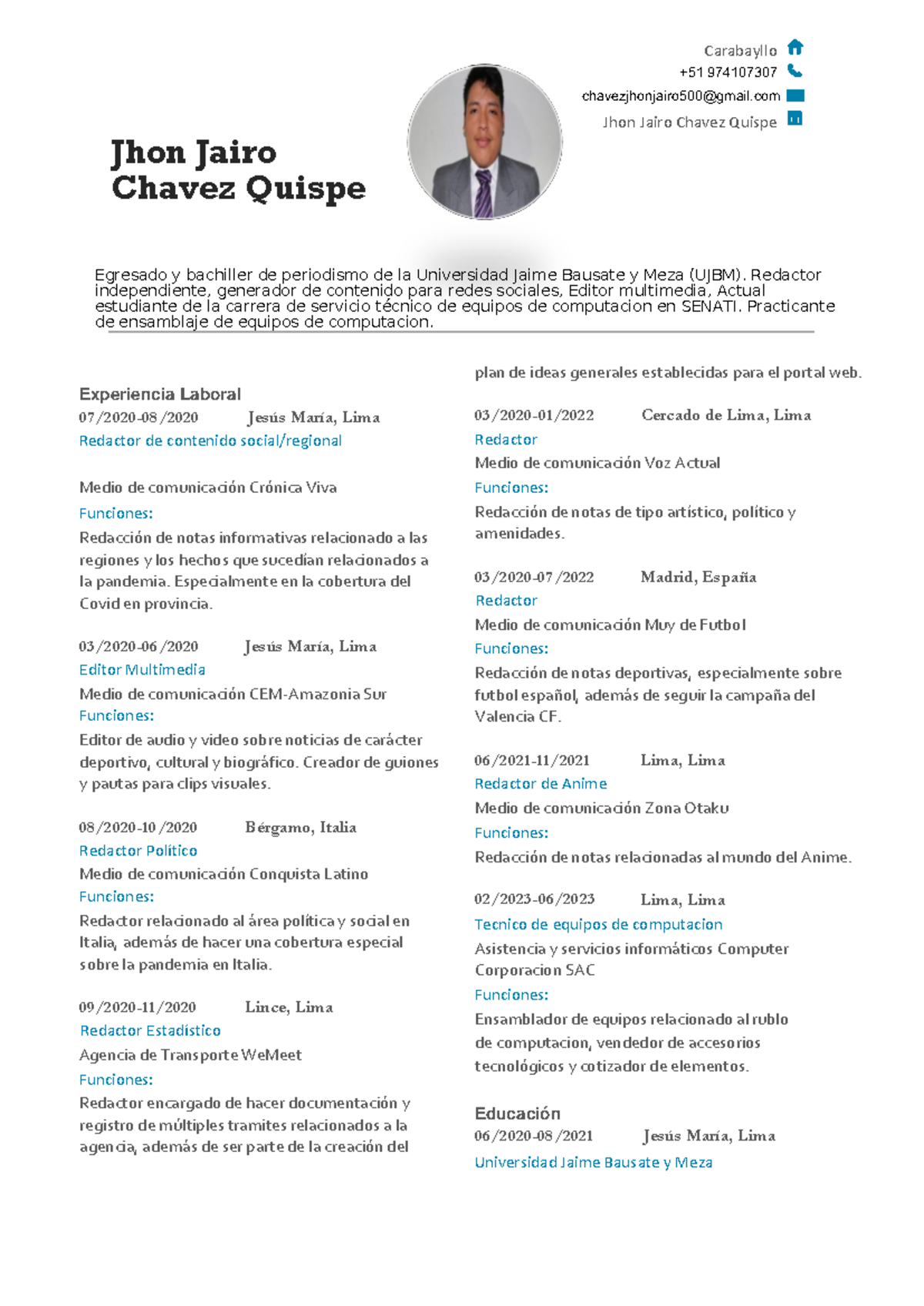 Jhon Jairo CV 2023 - cv 20224 - Experiencia Laboral 07/2020 Redactor de ...