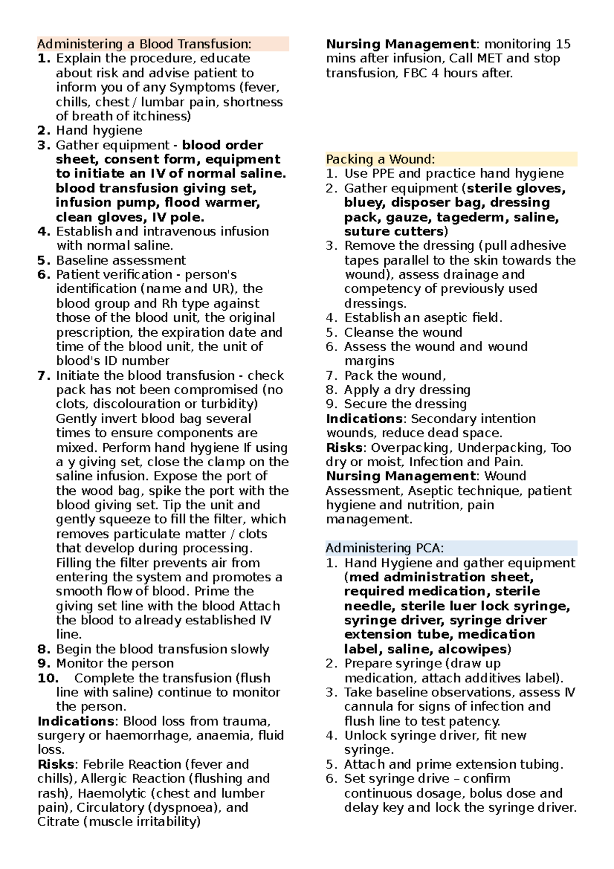 HNN227 Skills Hurdle Cheat Sheet - Administering a Blood Transfusion: 1 ...