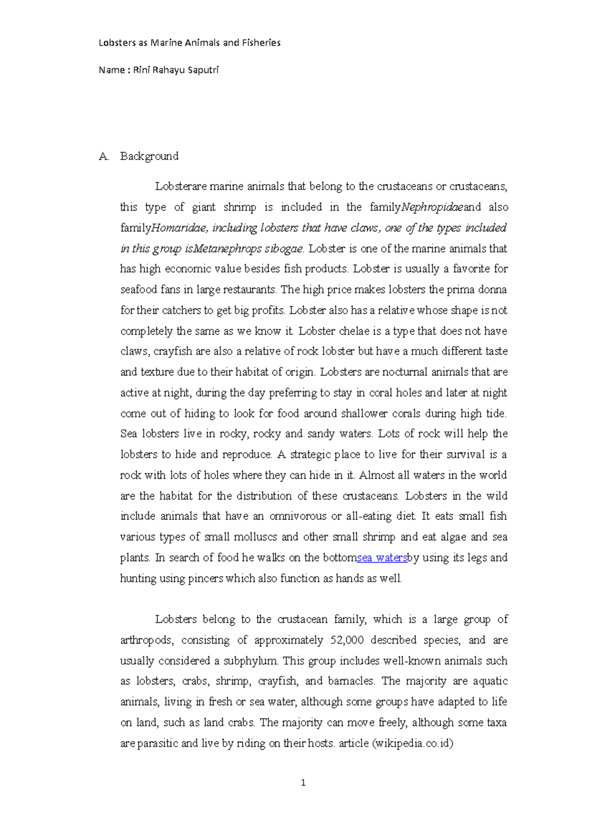Lobsters as Marine Animals and Fisheries - Name : Rini Rahayu Saputri A ...