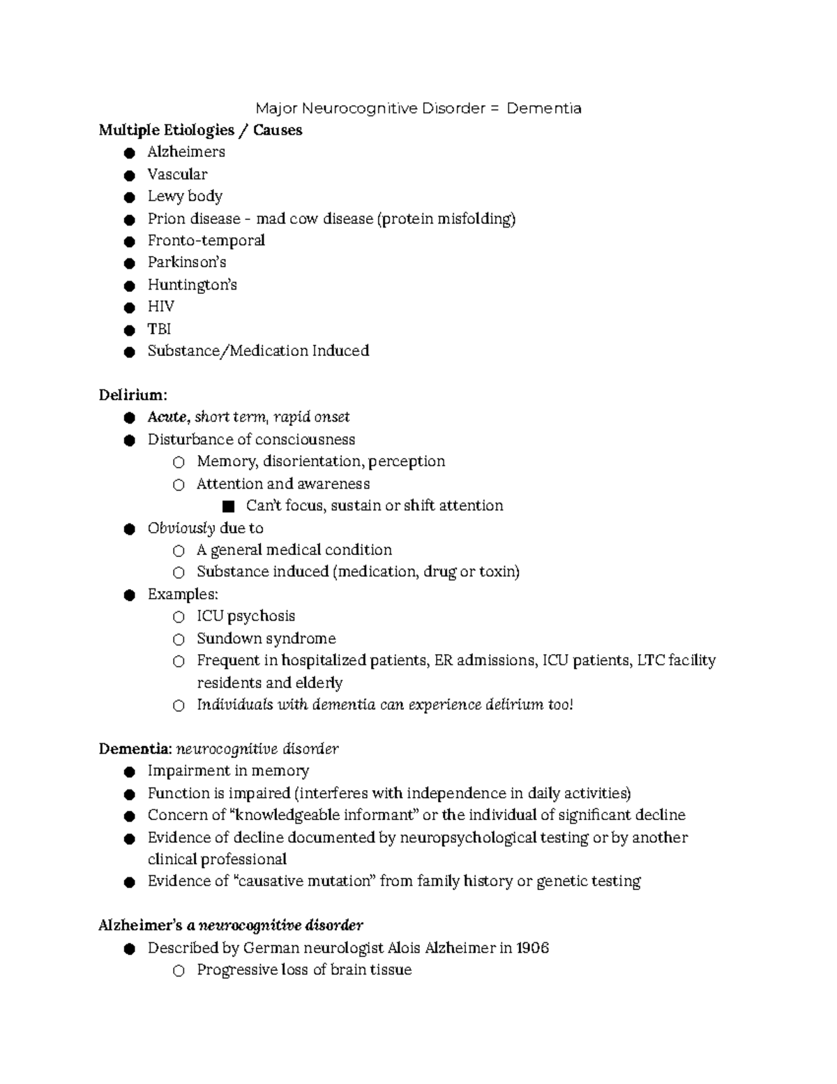 PSY 3321 Neuro Cognitive Disorders - Major Neurocognitive Disorder ...