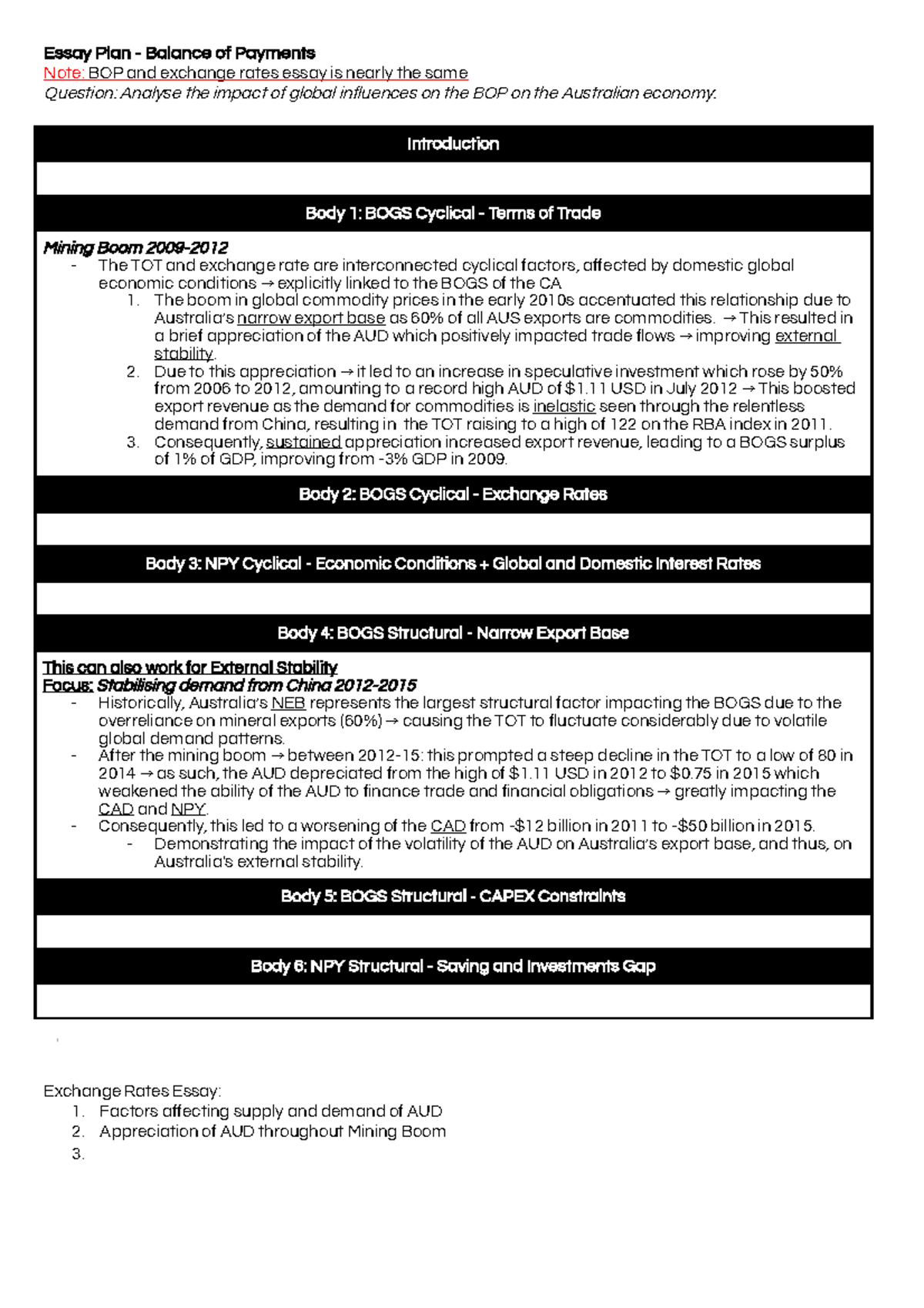 bop essay plan year 12 - Essay Plan - Balance of Payments Note: BOP and ...