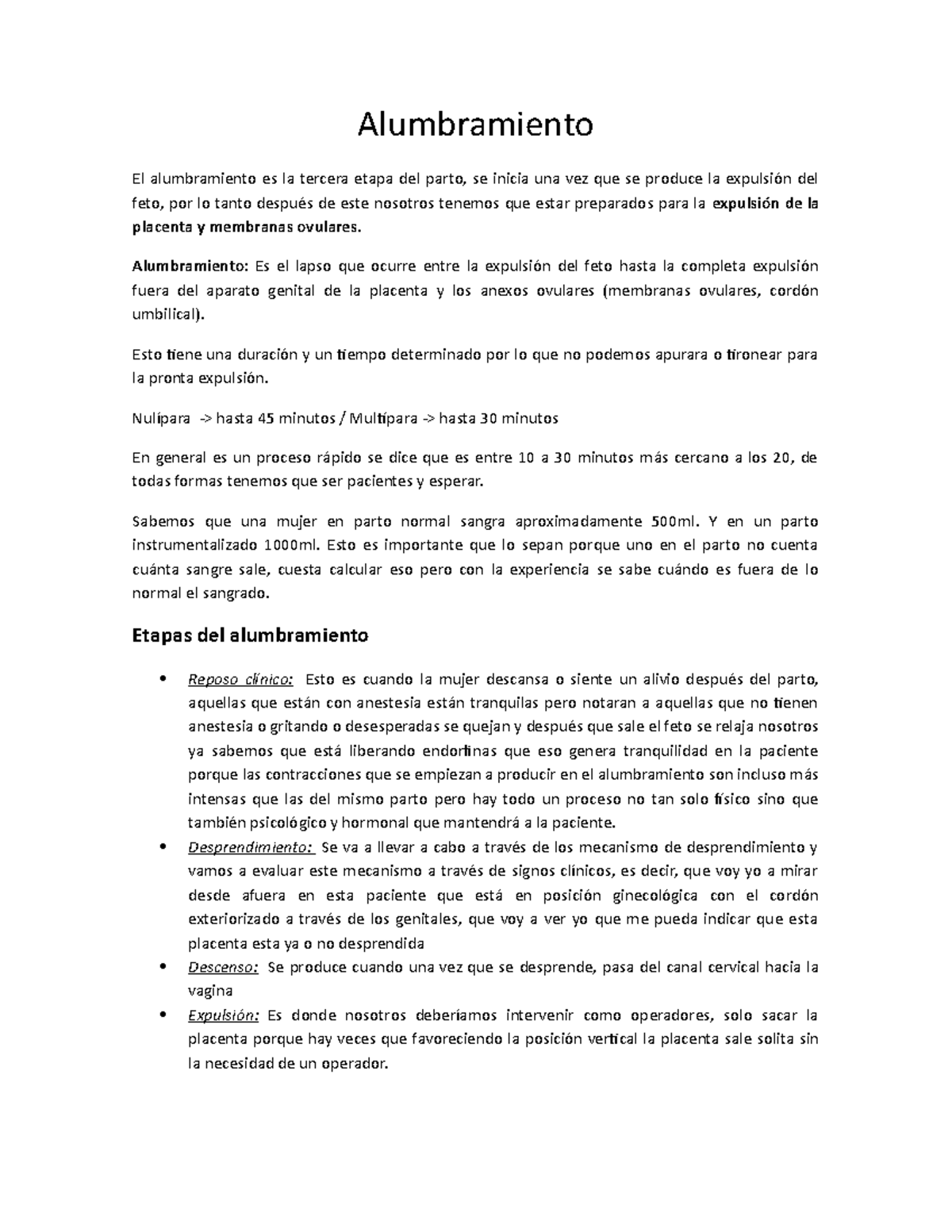 Alumbramiento fisiológico - Alumbramiento El alumbramiento es la ...