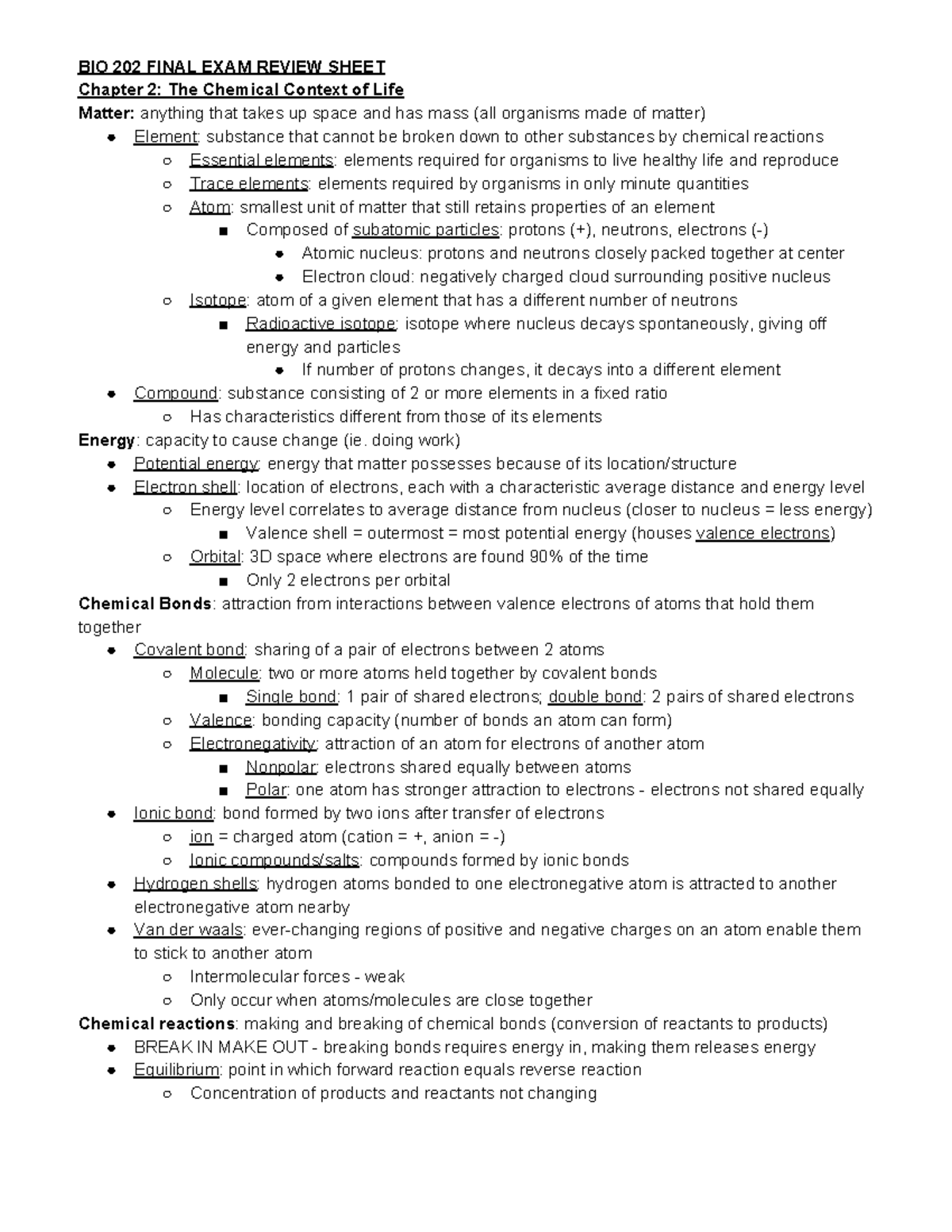 BIO 202 Final Review Sheet - BIO 202 FINAL EXAM REVIEW SHEET Chapter 2 ...