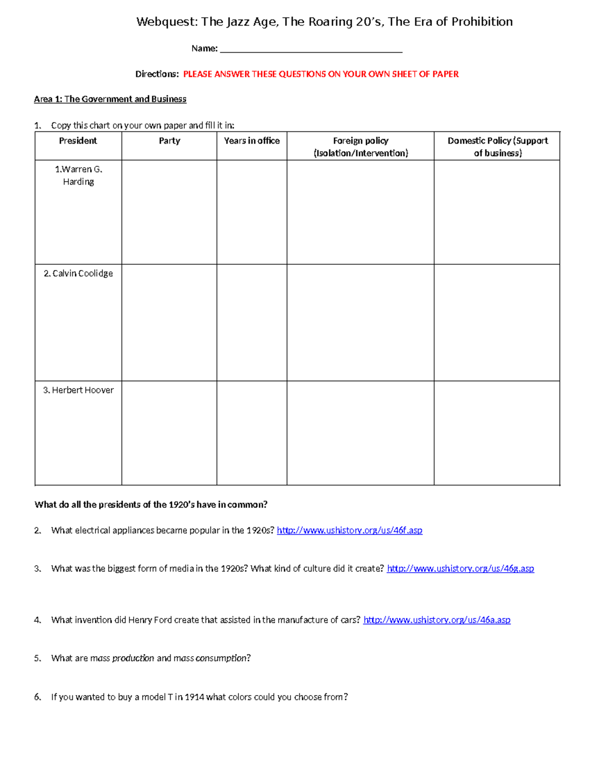 1920s webquest - Webquest: The Jazz Age, The Roaring 20’s, The Era of ...