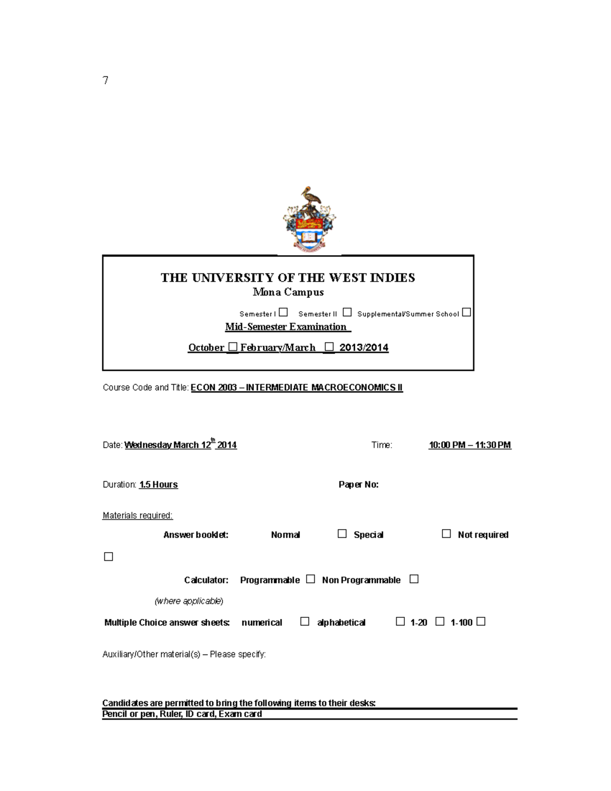 ECON2003 MCq Past Paper - 7 THE UNIVERSITY OF THE WEST INDIES Mona ...