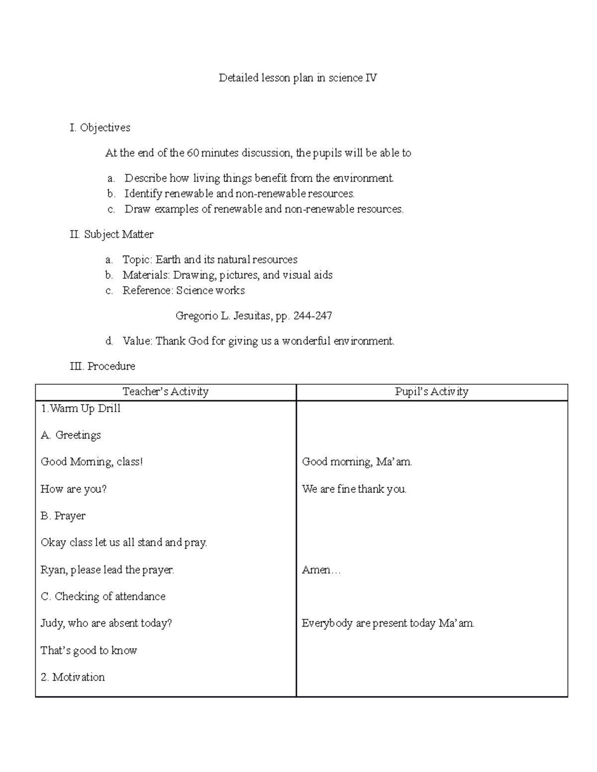 Lesson Plan - Guide - Detailed lesson plan in science IV I. Objectives ...