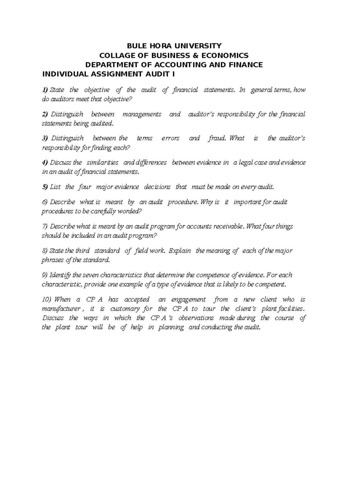 Individual Assignment Audit I - BULE HORA UNIVERSITY COLLAGE OF BUSINESS & ECONOMICS DEPARTMENT ...