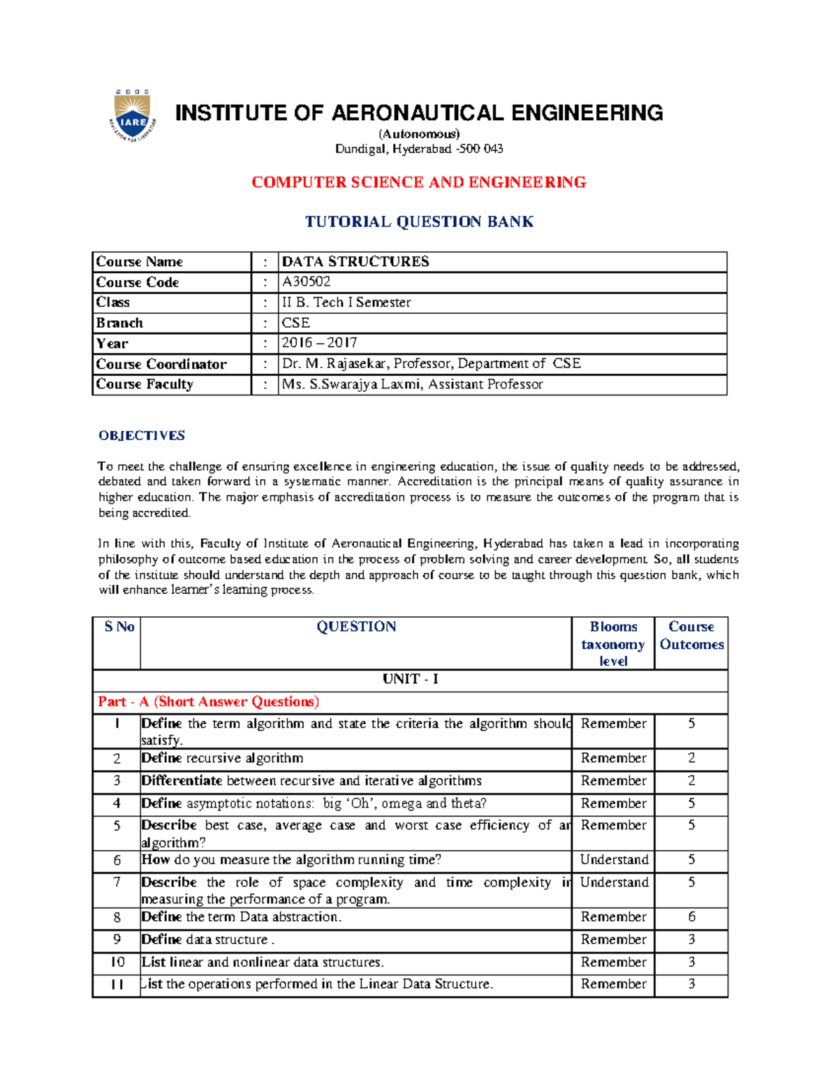 DS question bank-DS-1 - good - INSTITUTE OF AERONAUTICAL ENGINEERING (Autonomous) Dundigal ...