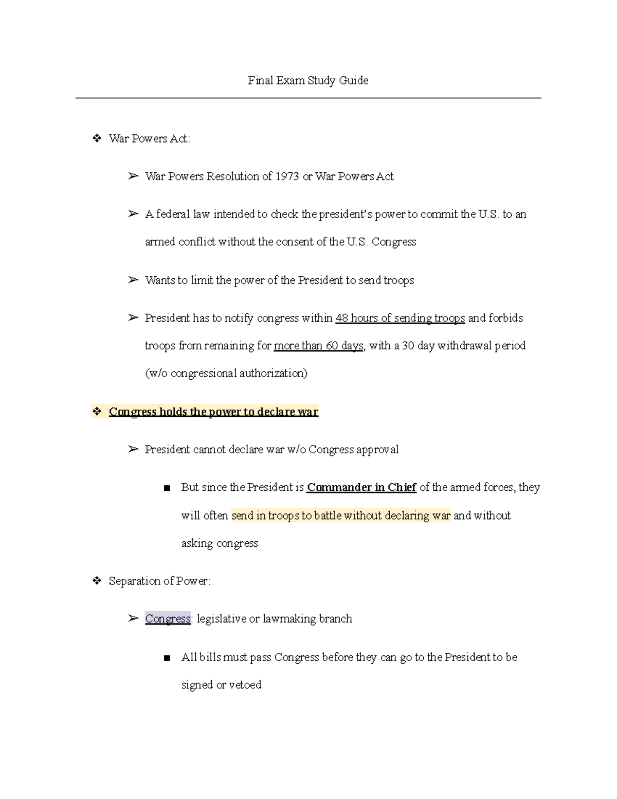 Final Exam POL - review - Final Exam Study Guide War Powers Act: War ...