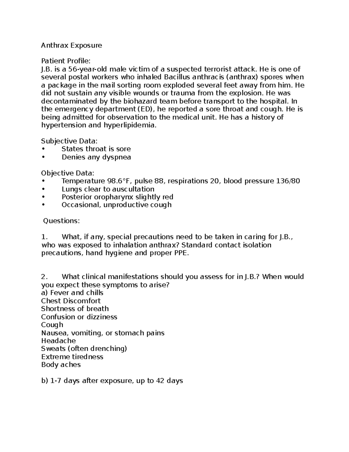 Anthrax Exposure Case Study 24 - Anthrax Exposure Patient Profile: J ...