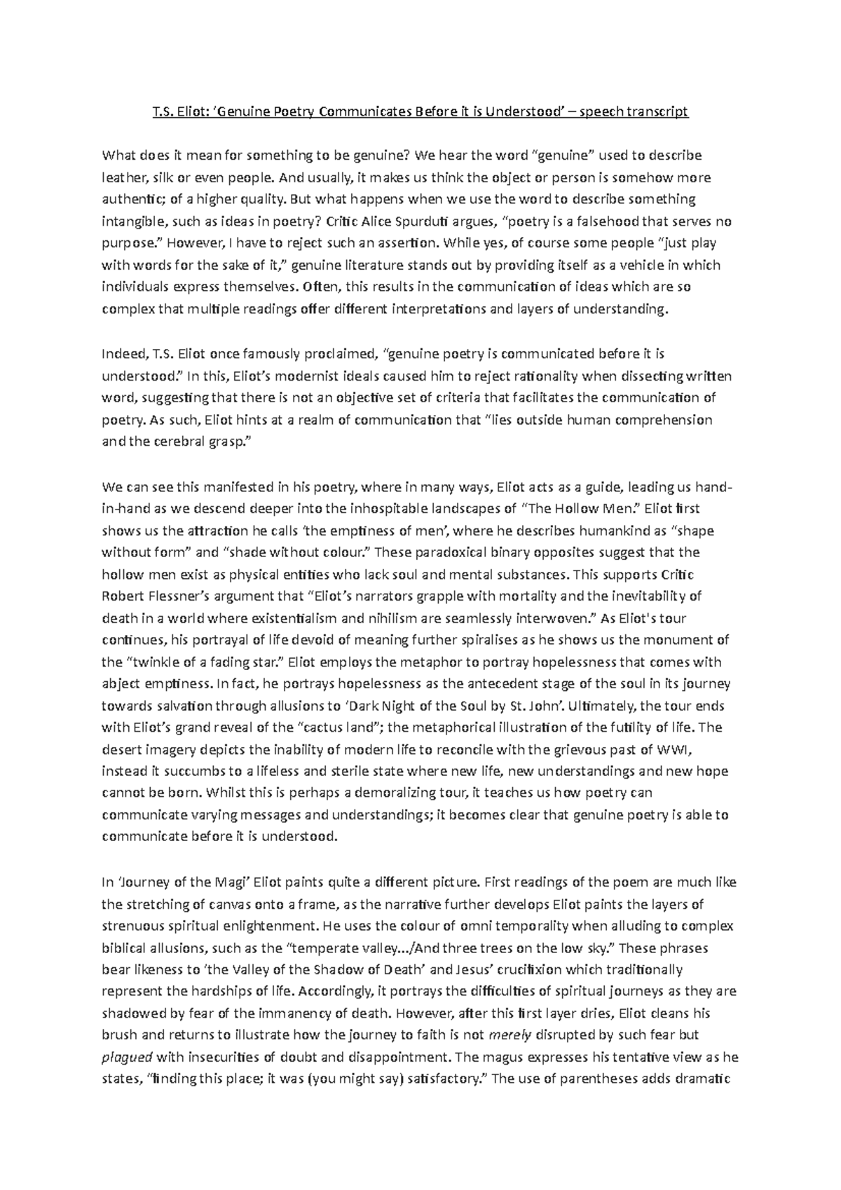 Eliot speech final - T. Eliot: ‘Genuine Poetry Communicates Before it ...