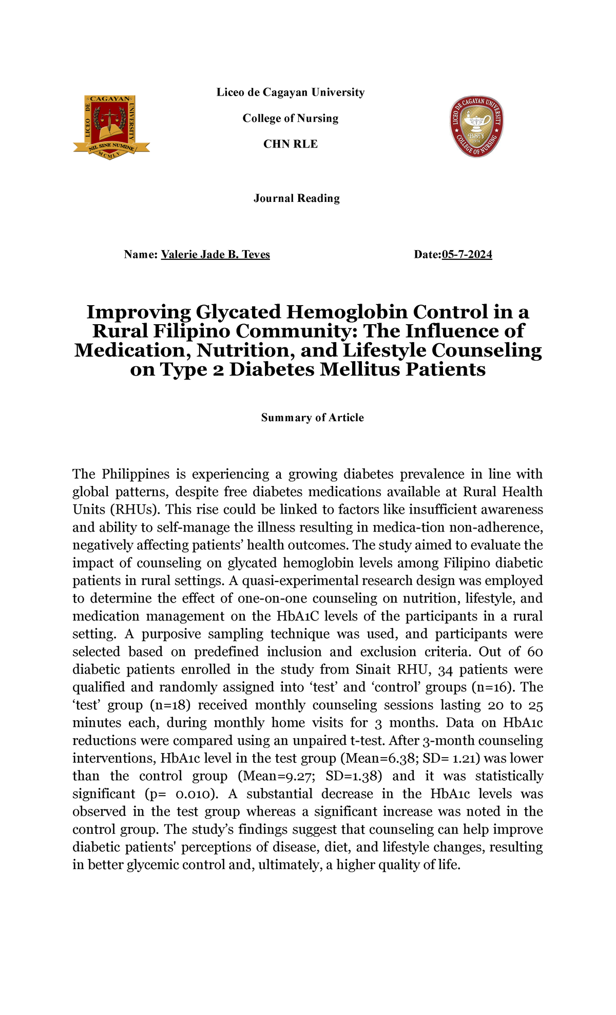 Journal for CHN 4th week - Liceo de Cagayan University College of ...