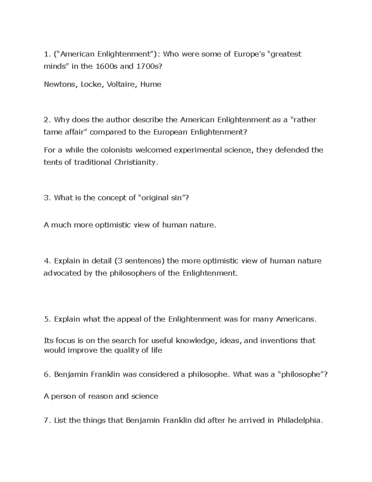 American History Sample Exam - (“American Enlightenment”): Who were ...
