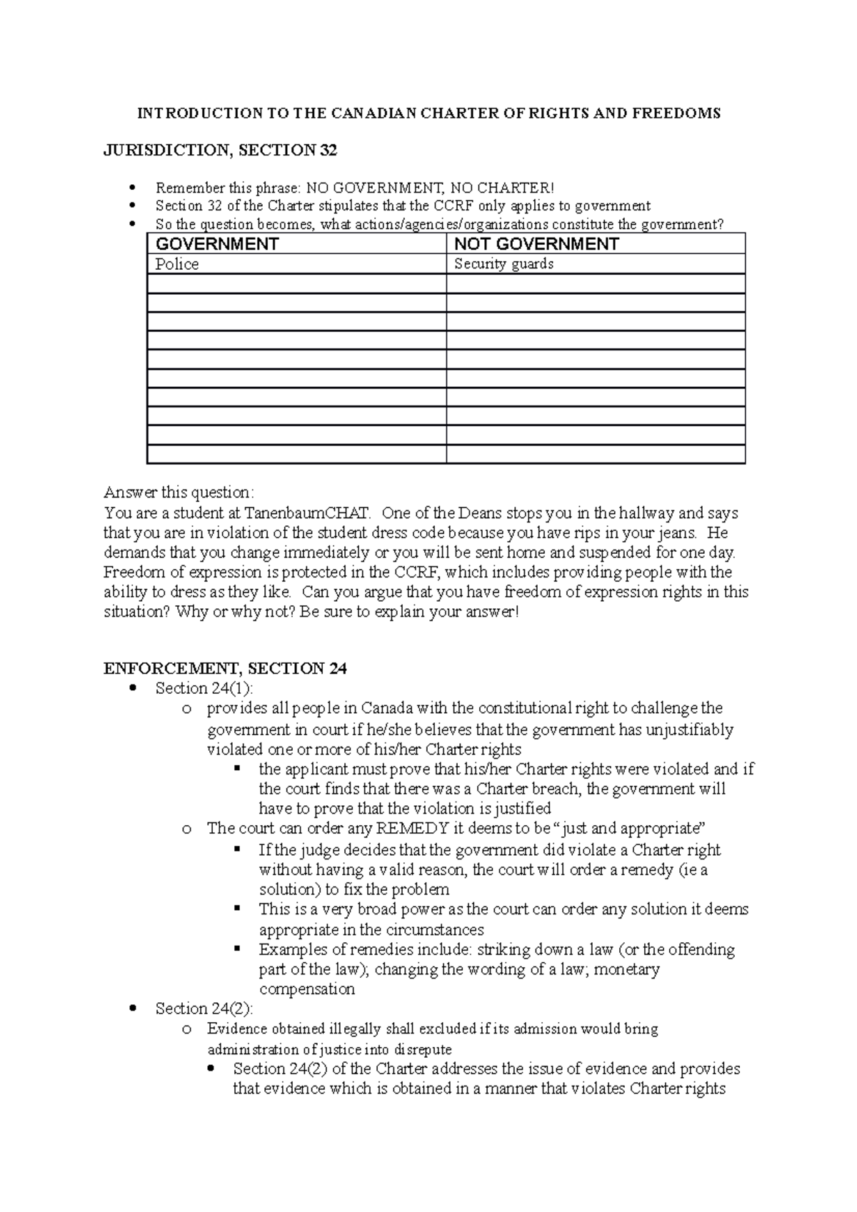 CCRF jurisdiction, enforcement - INTRODUCTION TO THE CANADIAN CHARTER ...