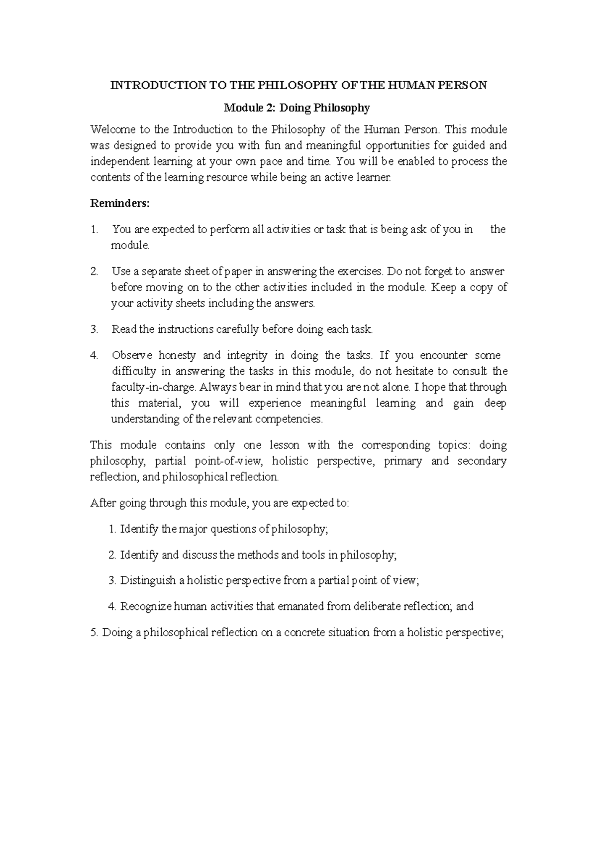 Module 2 (Doing Philosophy) Student copy - INTRODUCTION TO THE PHILOSOPHY OF THE HUMAN PERSON ...