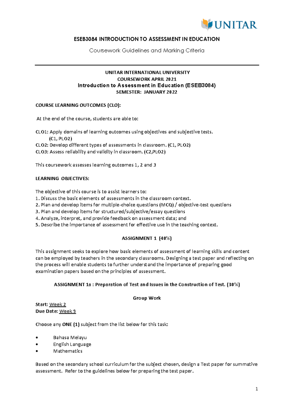 Assignments ESEB3084 JAN 2022 - ESEB3084 INTRODUCTION TO ASSESSMENT IN ...