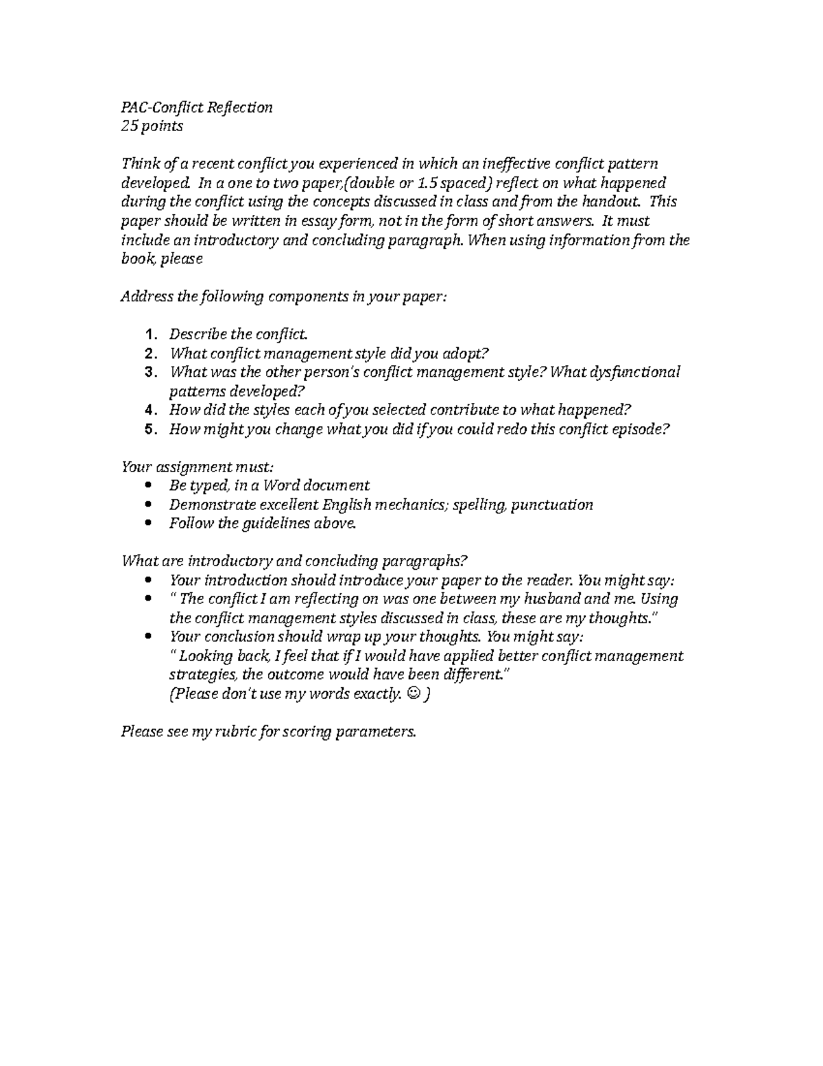 Conflict Analysis - Reflection 25 points Think of a recent conflict you ...