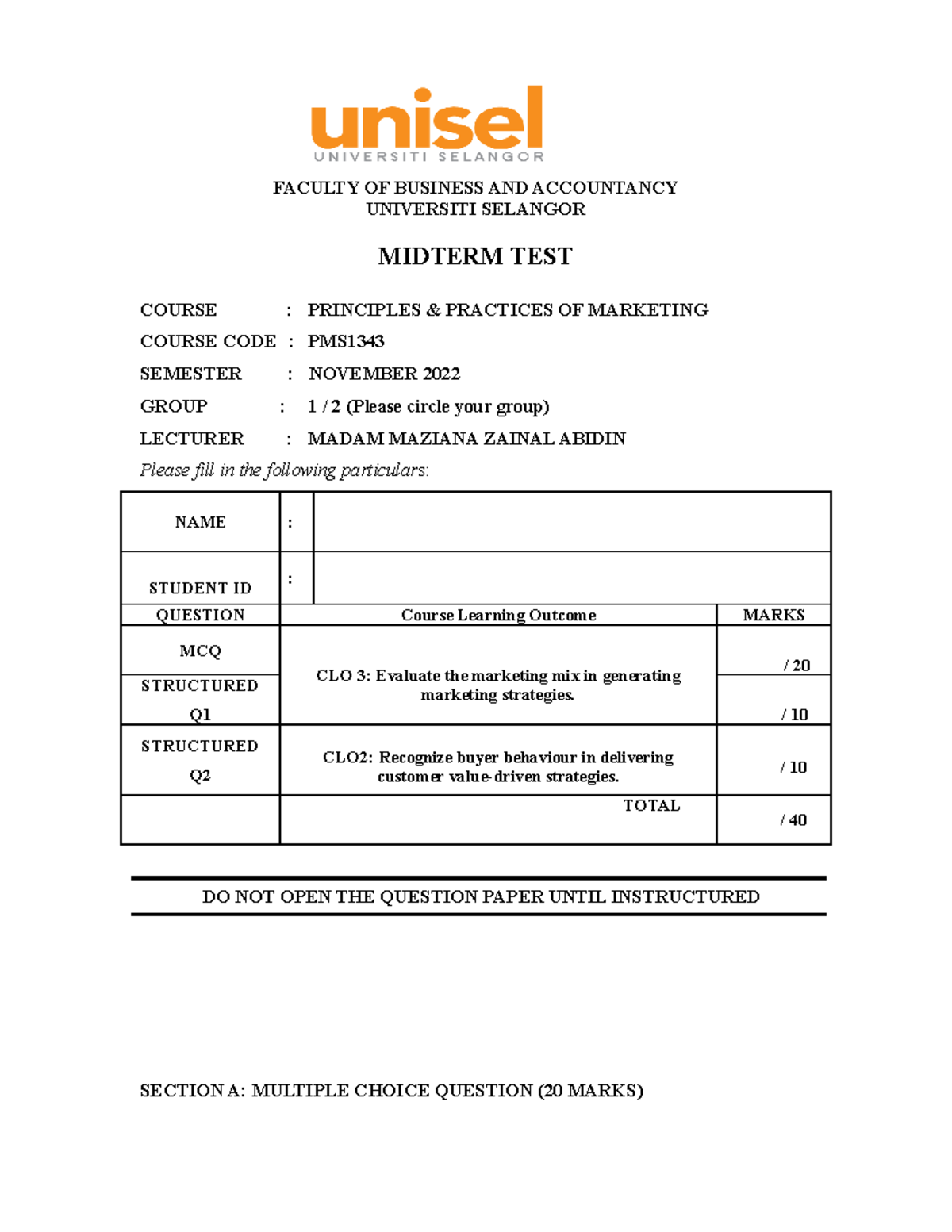Q Midterm Format - PMS1343 Marketing NOV22 - FACULTY OF BUSINESS AND ...