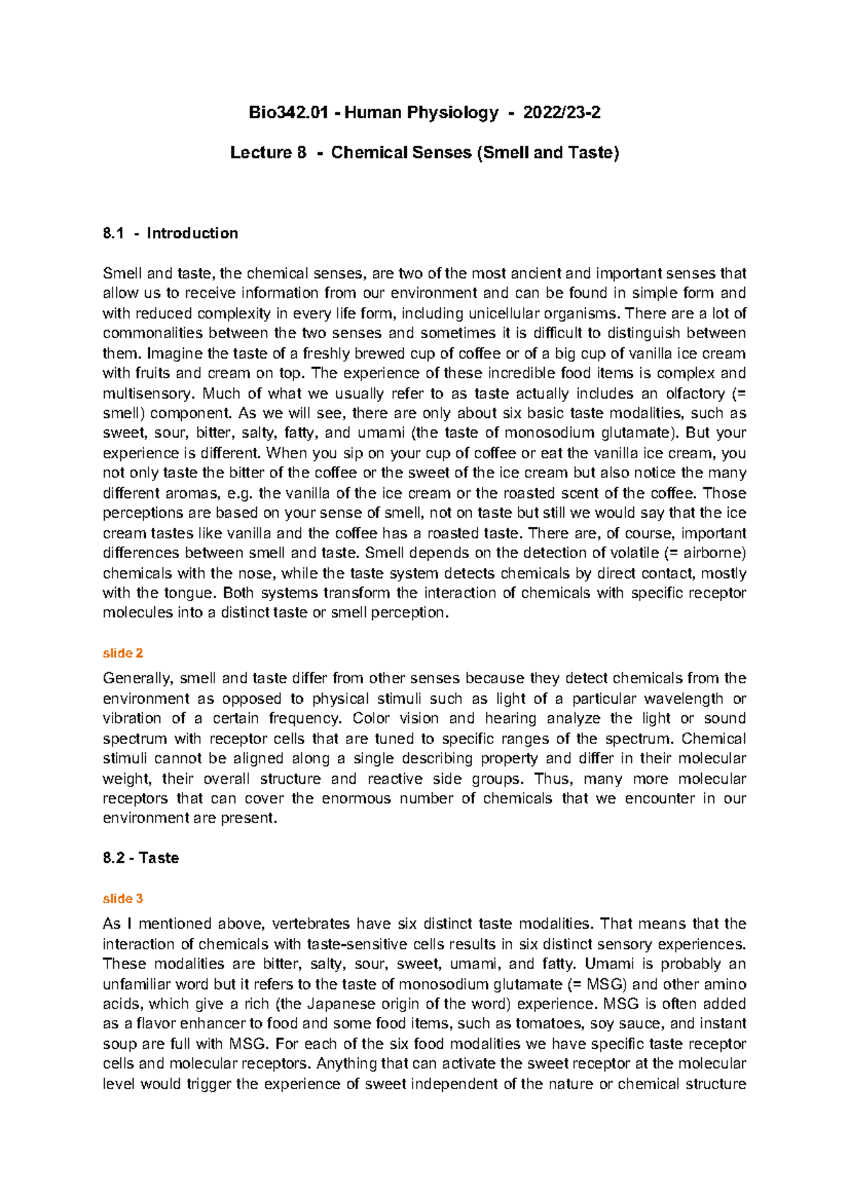 Lecture 8 Chemical Senses shf 2023 - Bio342 - Human Physiology - 2022/ ...
