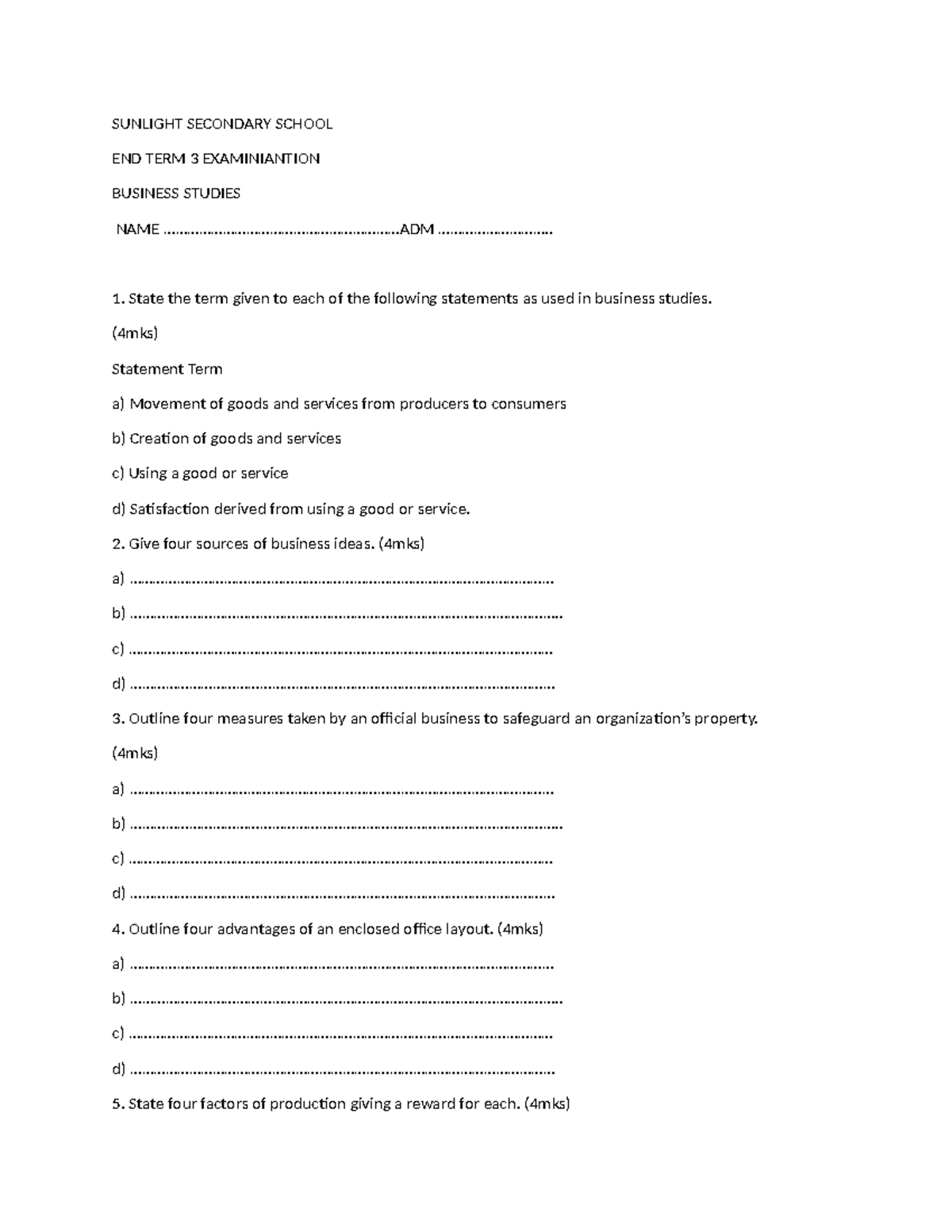 Business Studies END TERM - SUNLIGHT SECONDARY SCHOOL END TERM 3 ...