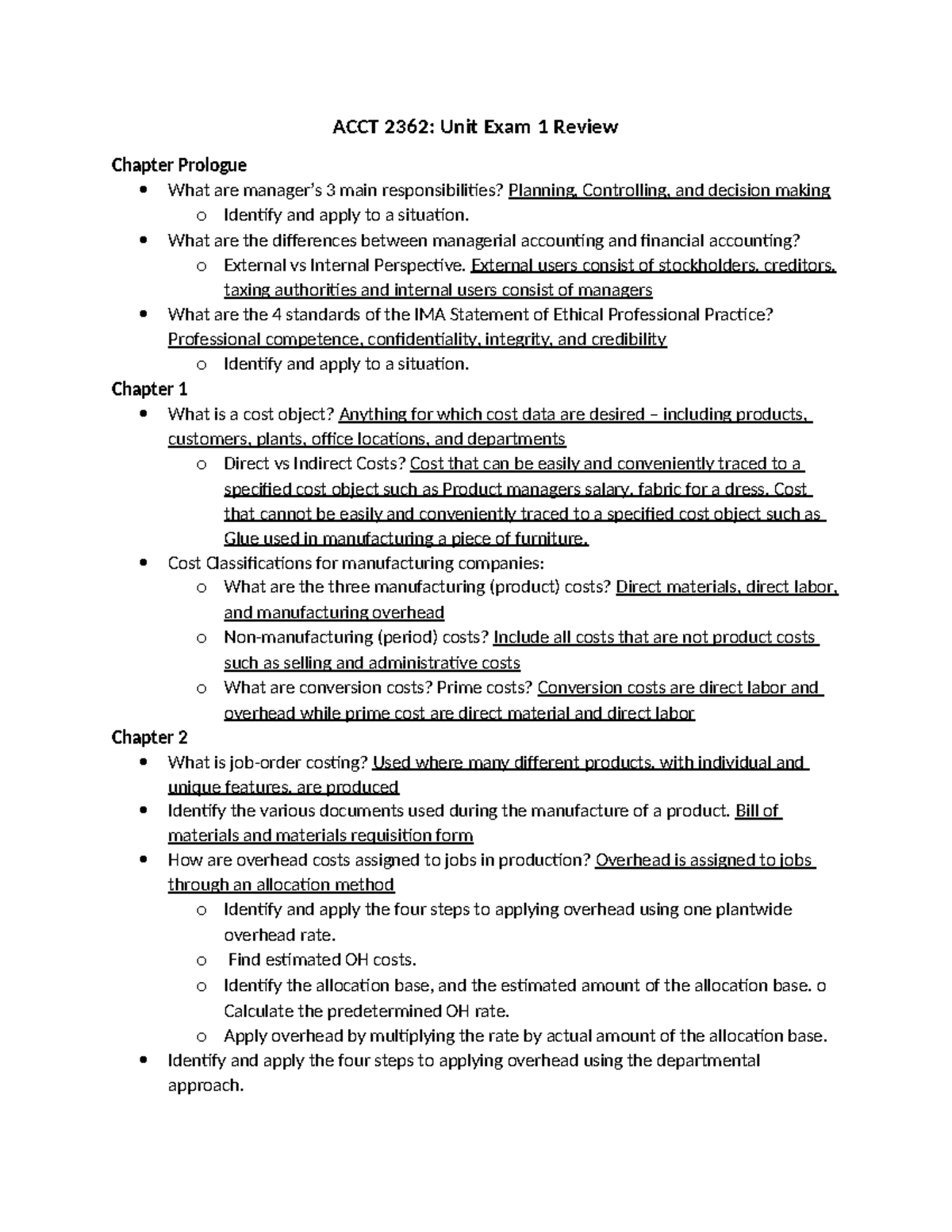 Unit Exam 1 Review S23 - ACCT 2362: Unit Exam 1 Review Chapter Prologue What are manager’s 3 ...