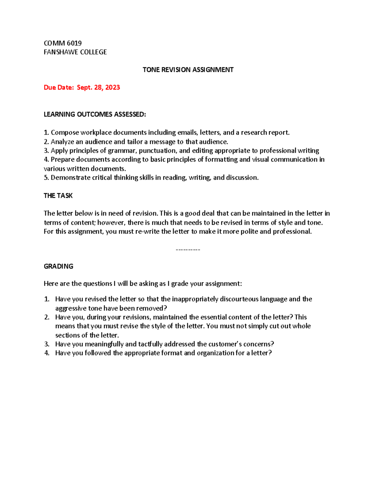 Tone Revision Assignment COMM30XX - COMM 6019 FANSHAWE COLLEGE TONE ...