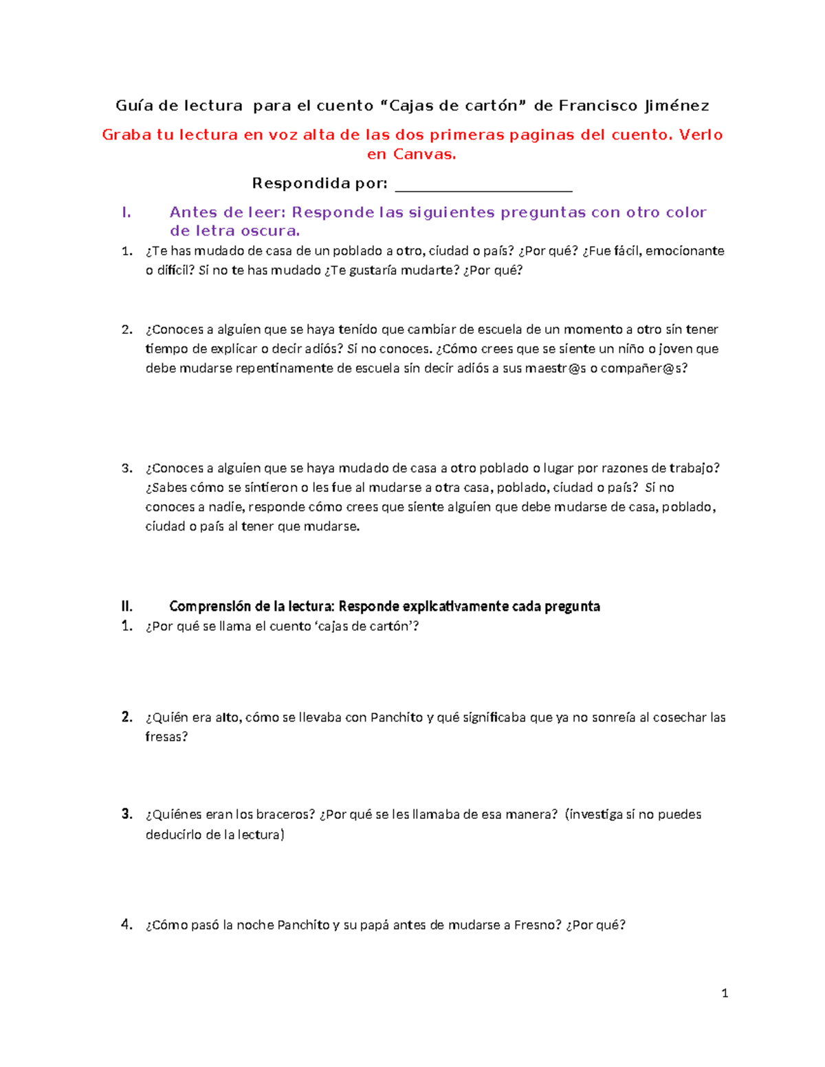 Guía de lectura Cuento -Cajas de cartón - Guía de lectura para el ...