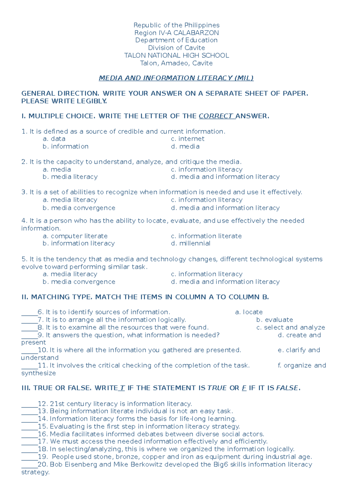 Long Test #1 MIL - Long Test #2 Part 2 - Republic of the Philippines ...