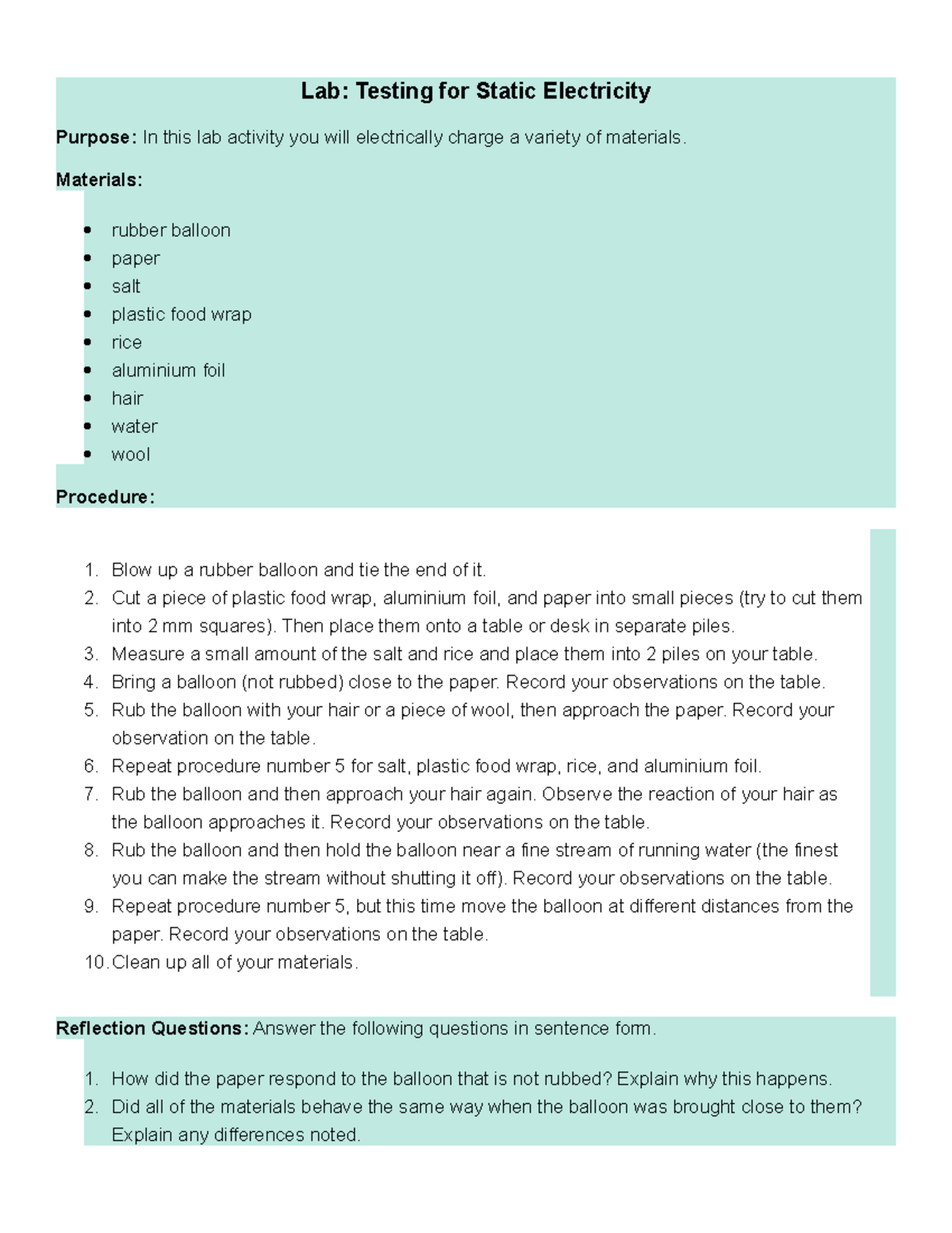 Static electricity lab - Lab: Testing for Static Electricity Purpose ...