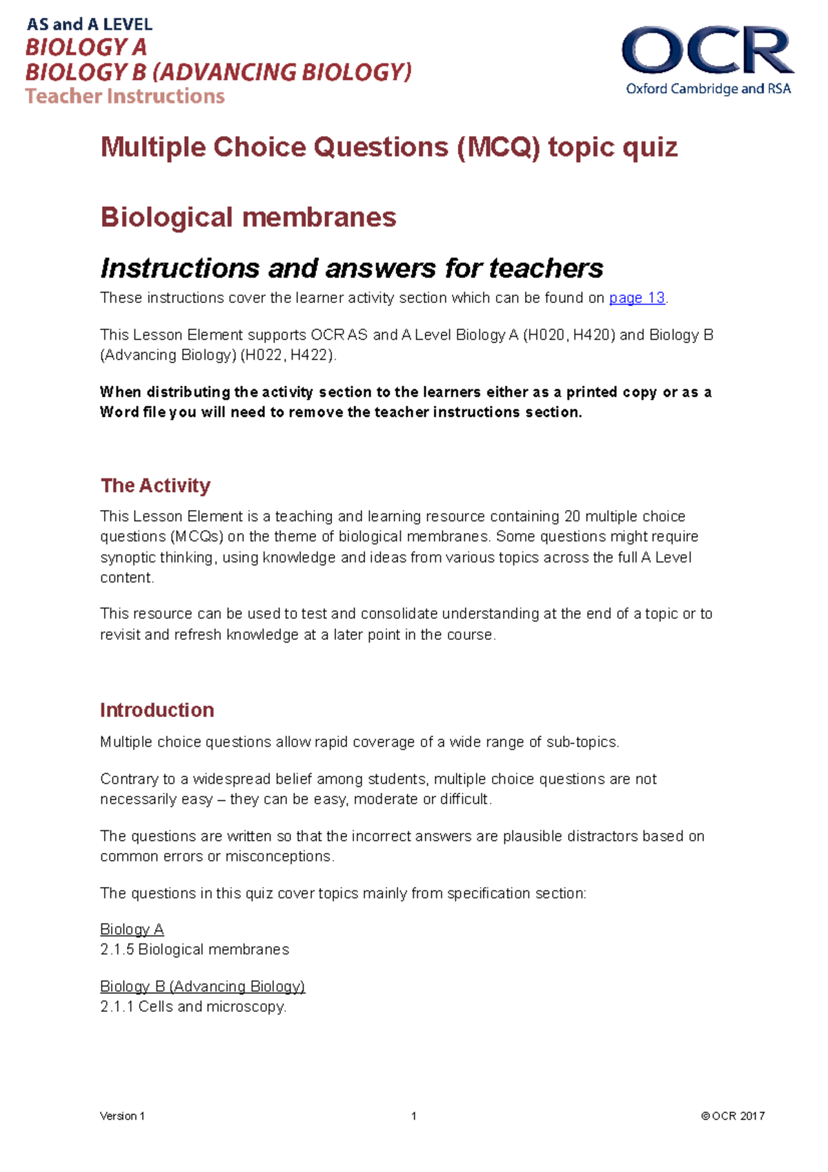 Bio membranes test - Multiple Choice Questions (MCQ) topic quiz ...