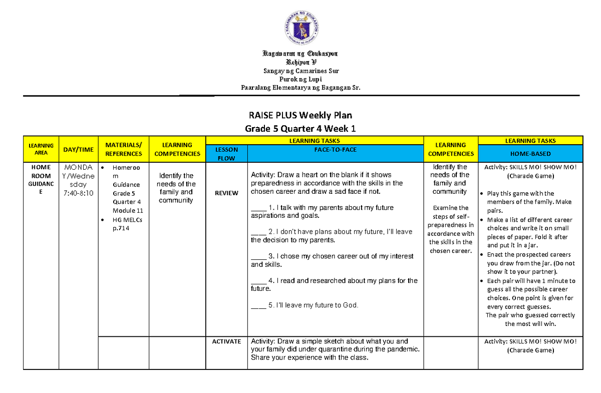 Grade 5 Raise PLUS Q4W1 - Sample Documents for Education - Kagawaran ng Edukasyon Rehiyon V ...