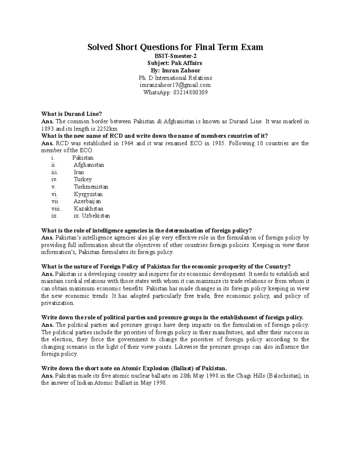 Short Questions - this notes is soo good - Solved Short Questions for ...