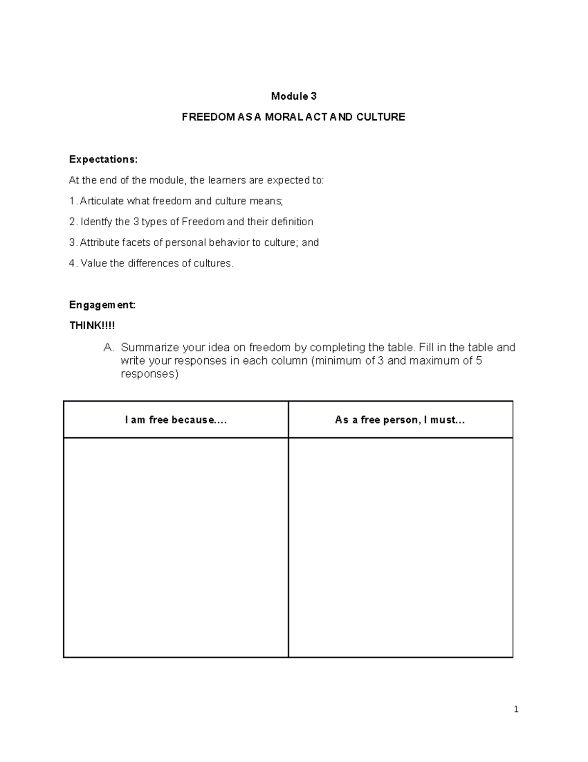 Mod3 Ethics - Lessons - Module 3 FREEDOM AS A MORAL ACT AND CULTURE ...