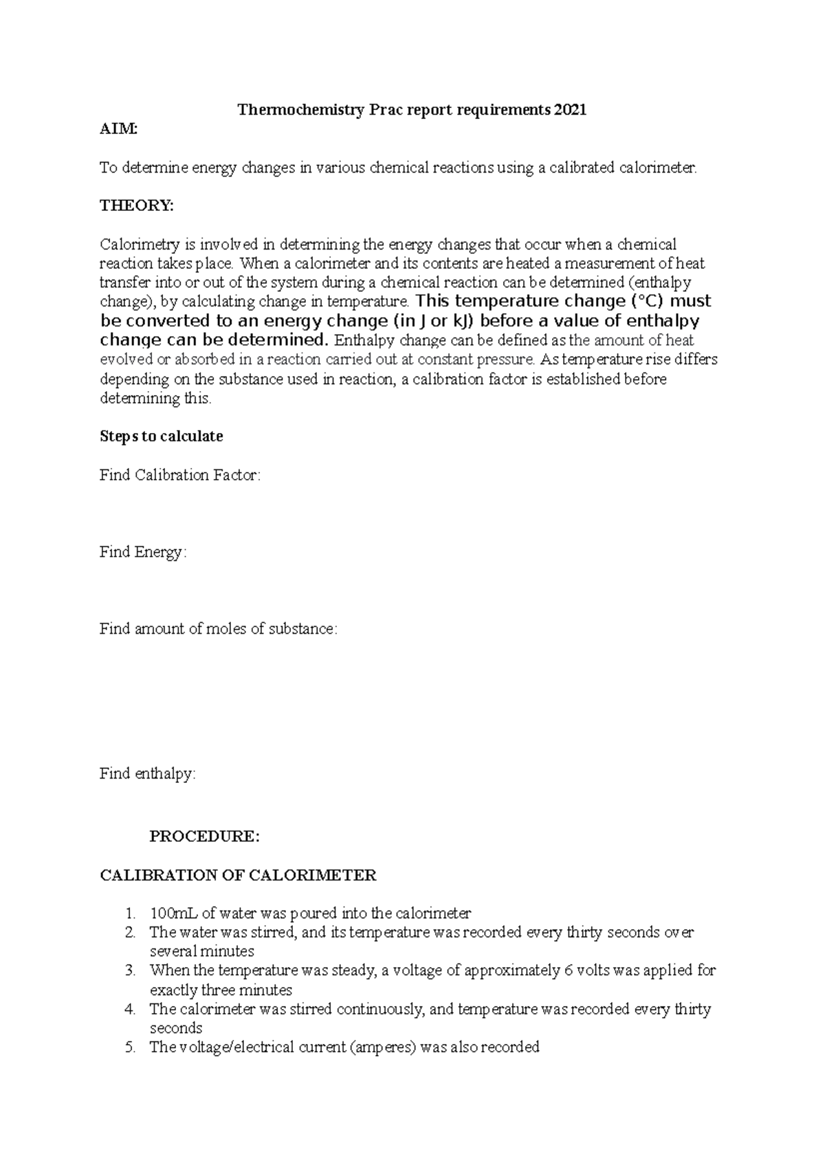 9 Prac report requirements 2021 - Thermochemistry Prac report ...