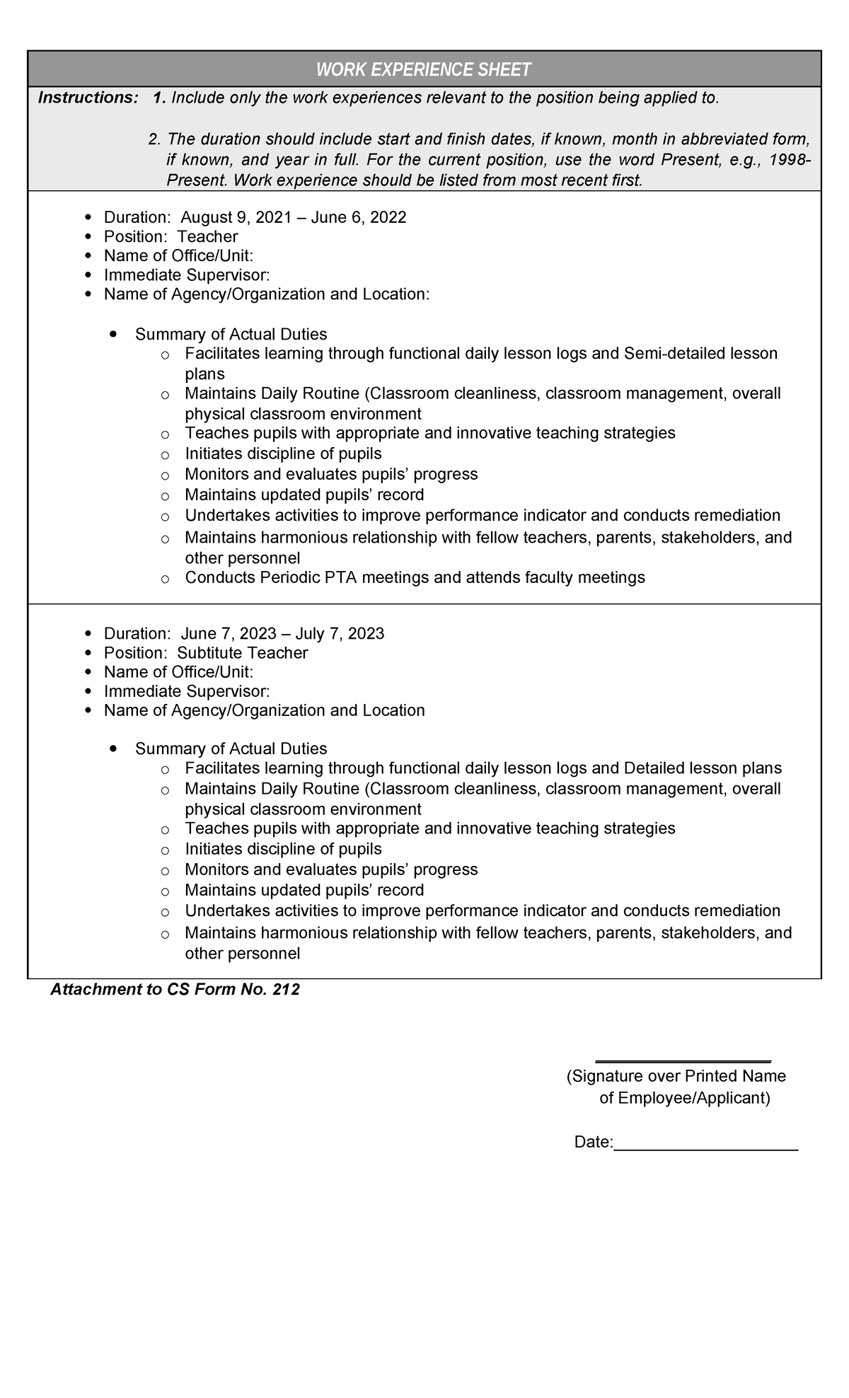 Workexperience ex - work experience sheet for applicants. - WORK ...
