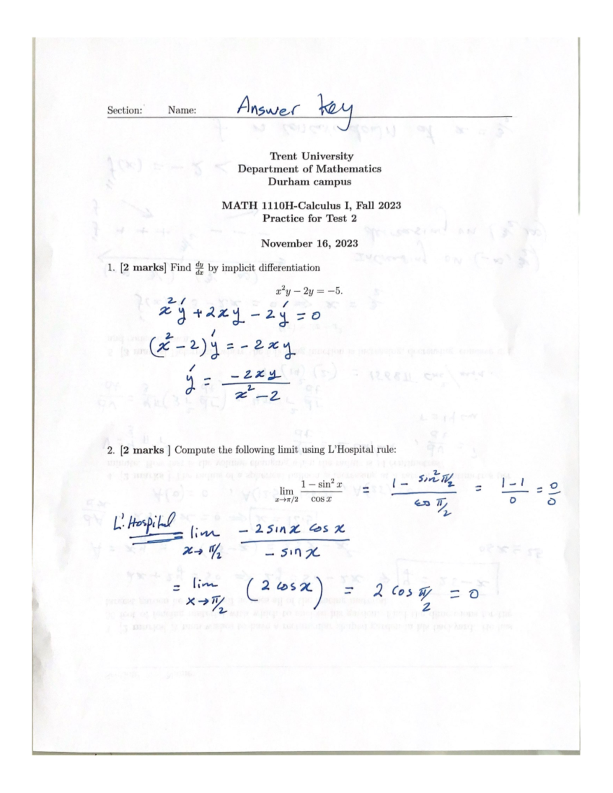 Answer key practice for test 2 - MATH 2560H - Studocu