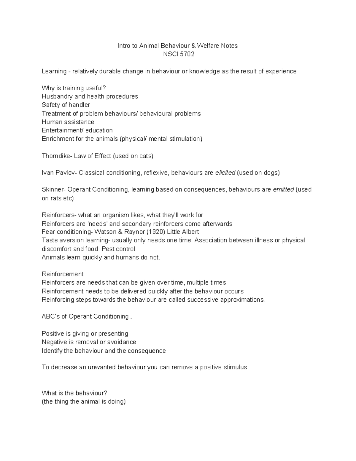 Animal Welfare Notes - Intro to Animal Behaviour & Welfare Notes NSCI ...