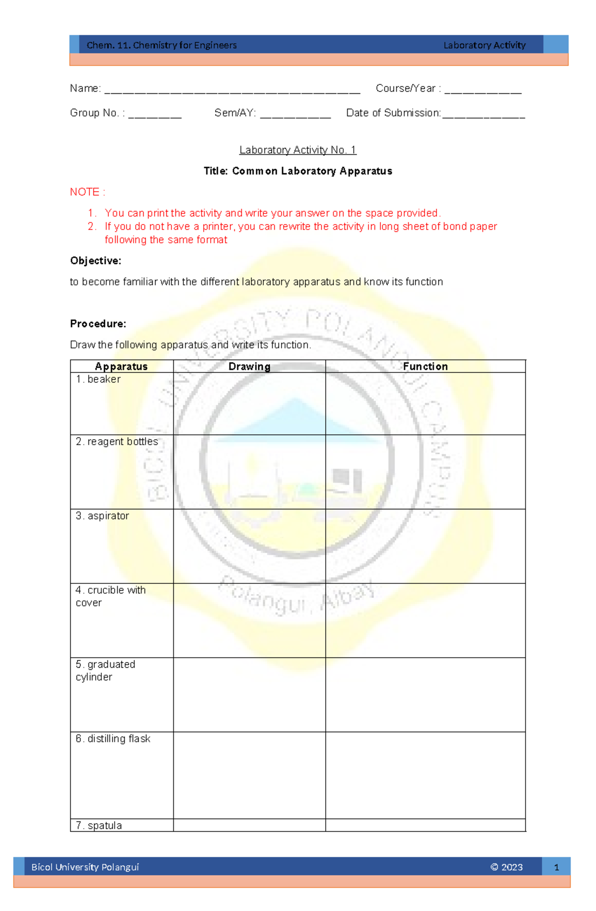 Lab Act 1 - Common Laboratory Apparatus - Name