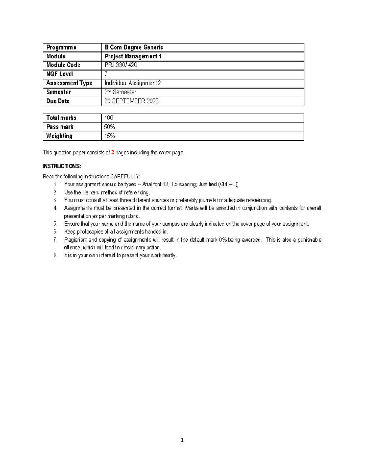 B Com Degree Generic Project Management 1 Assignment 2 2023 - 1 ...