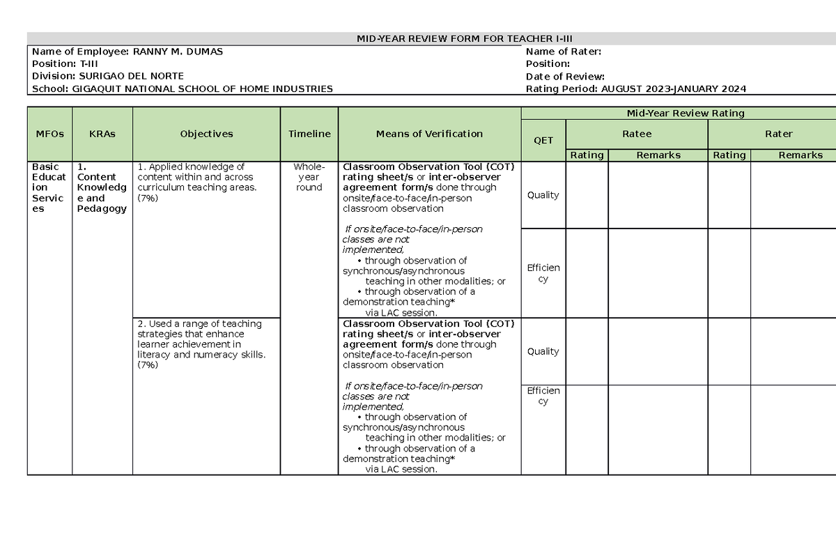 Mid-Year Review Form - Mid-Year Assessment of Teachers - MID-YEAR ...