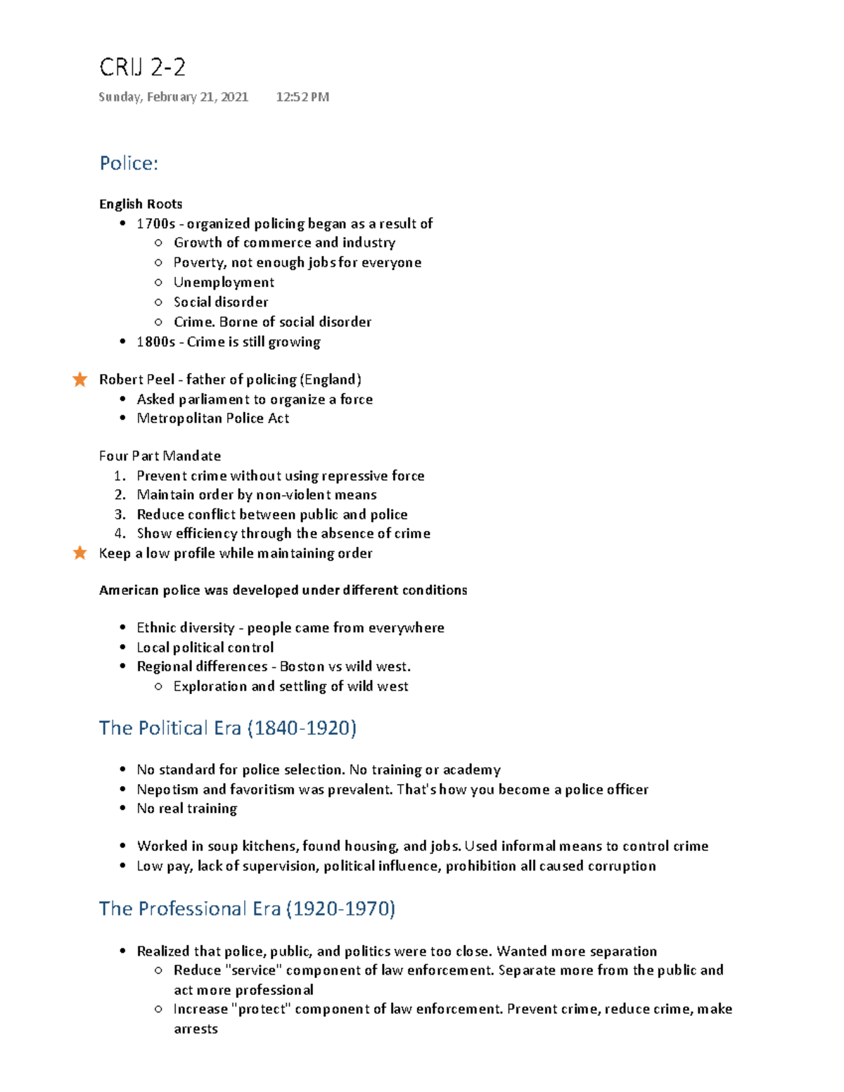 CRIJ Notes 5 - Police: English Roots 1700s - organized policing began ...