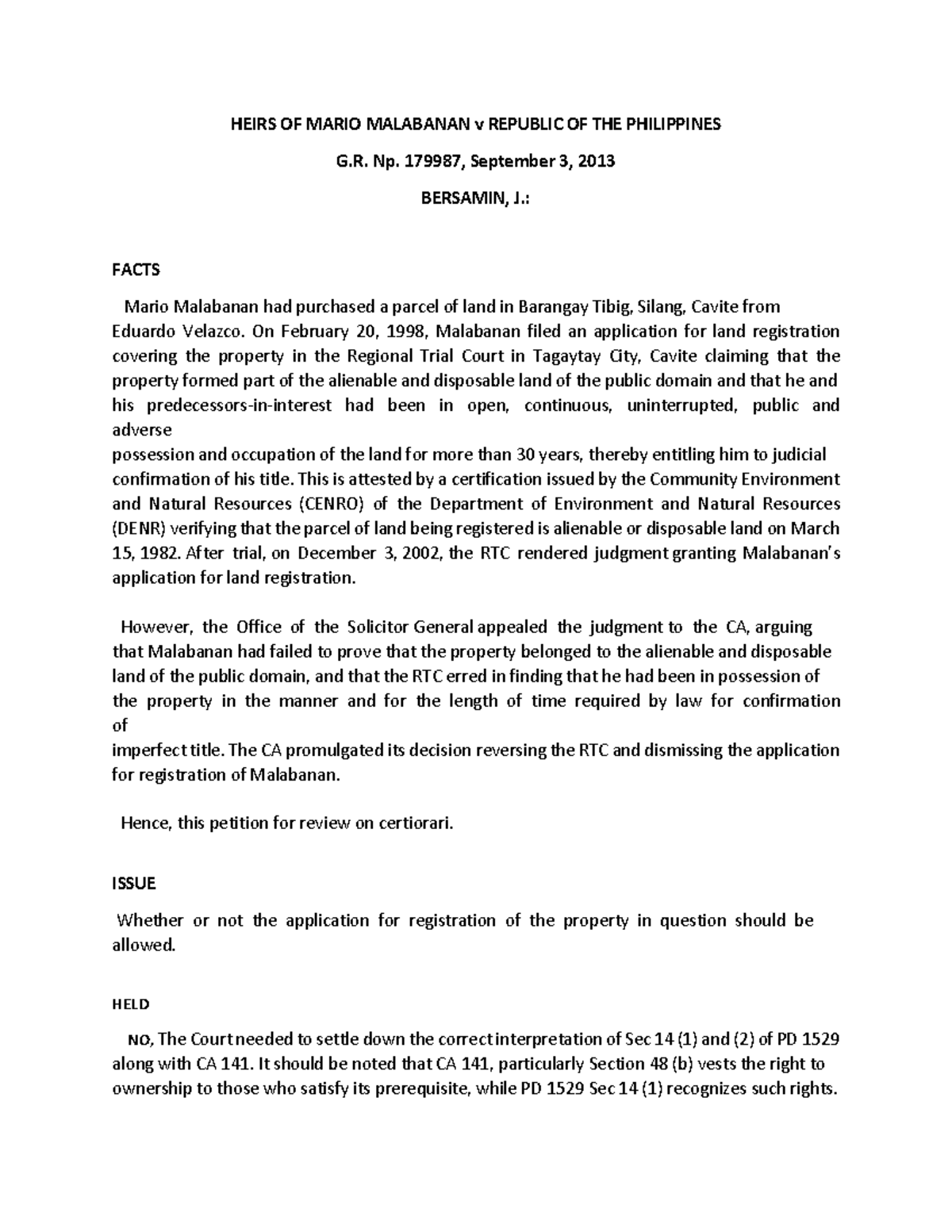 Heirs OF Mario Malabanan v Republic OF THE Philippines Perez,Michelle ...