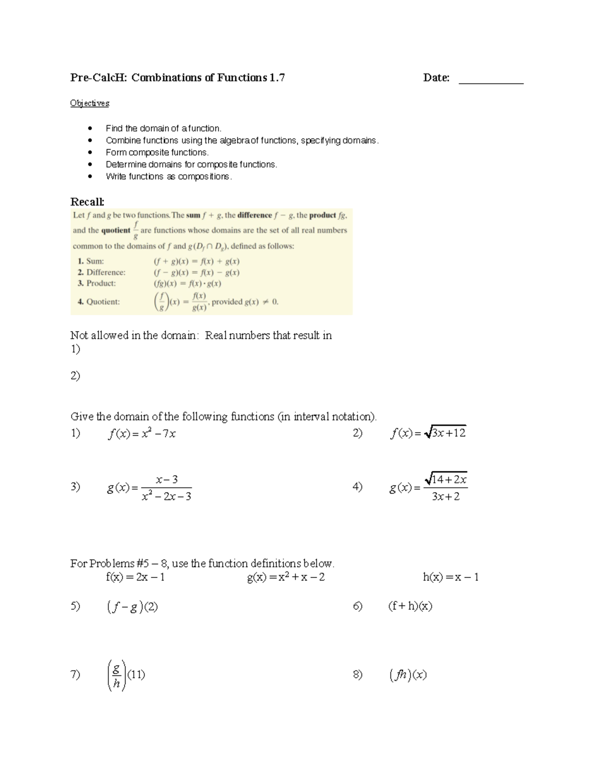 Sec+1 - filled in notes - Pre-CalcH: Combinations of Functions 1 Date ...