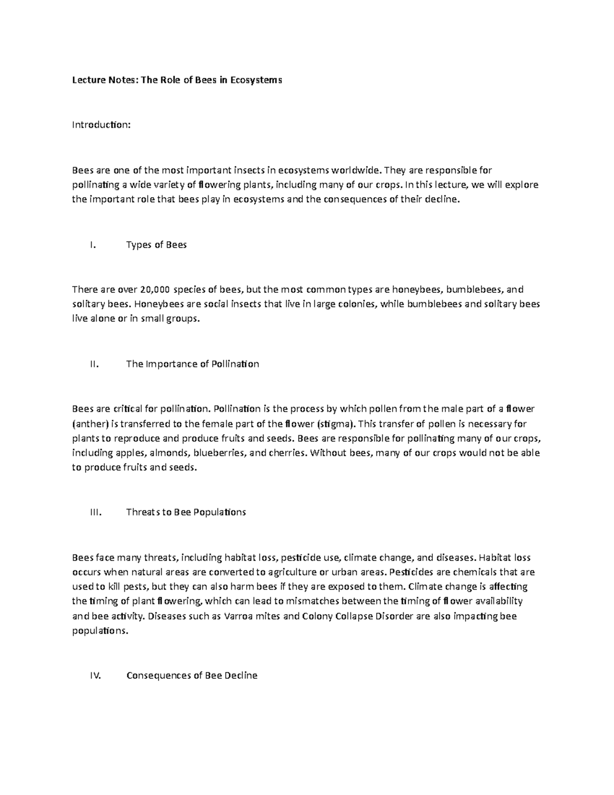 Lecture Notes: The Role of Bees in Ecosystems - Lecture Notes: The Role ...