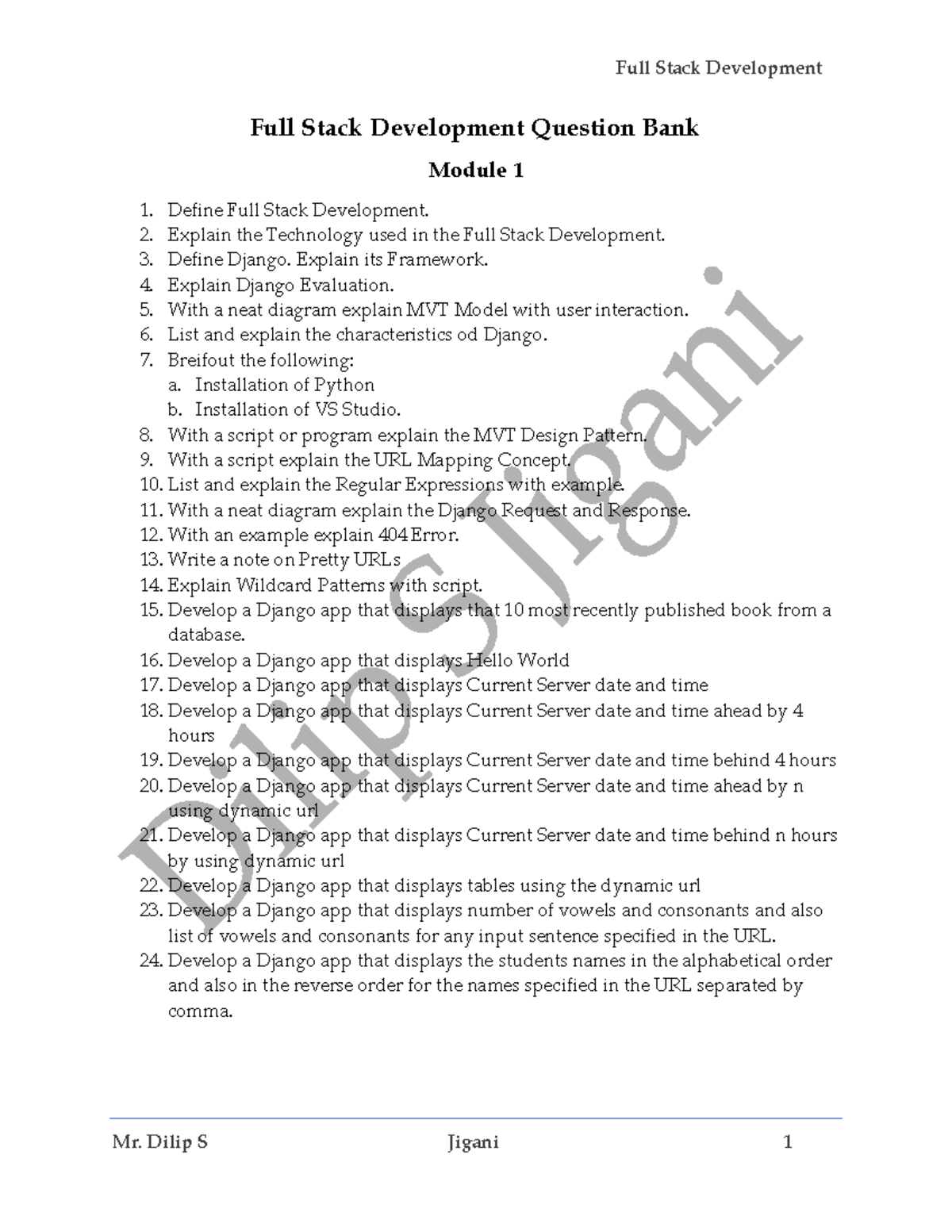 FSD Mod1 QB - notes - Full Stack Development Mr. Dilip S Jigani 1 Full ...